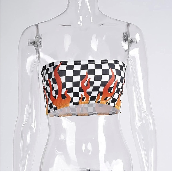 Tops | Black And White Checkered Flame Strapless Tube Top | Poshmark